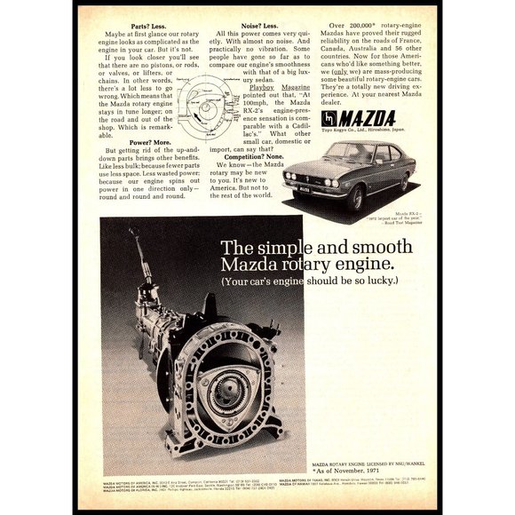 Mazda | Art | 972 Mazda Rx2 Sports Car Rotary Engine Vintage Print Ad ...